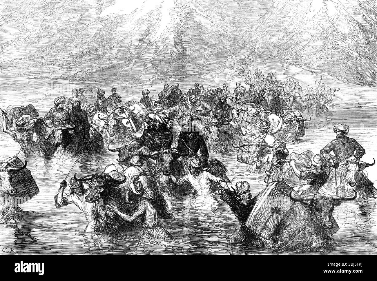 The Mission to Yarkund: crossing the Shayok below the Khardung Pass ...