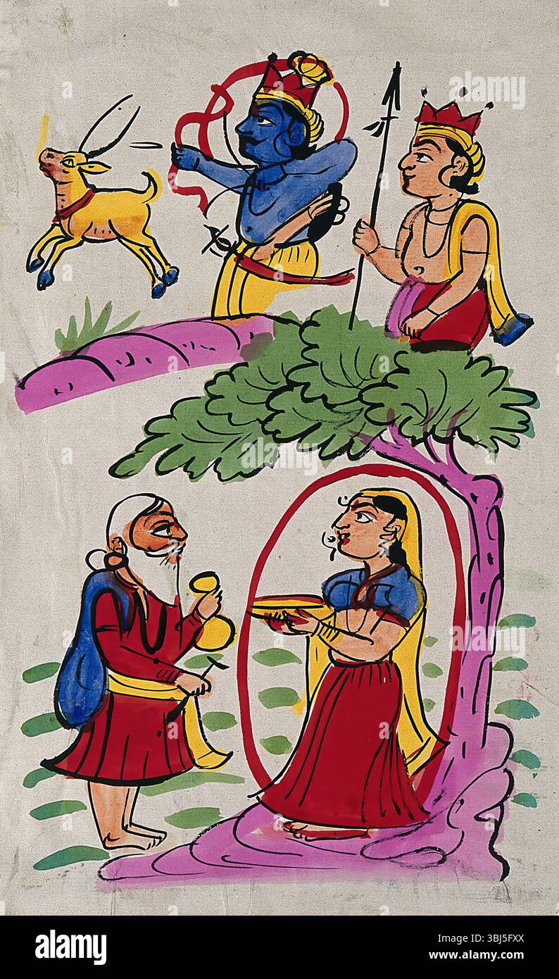 Sita being lured by a disguised Ravana, while Rama and Laksmana hunt in ...