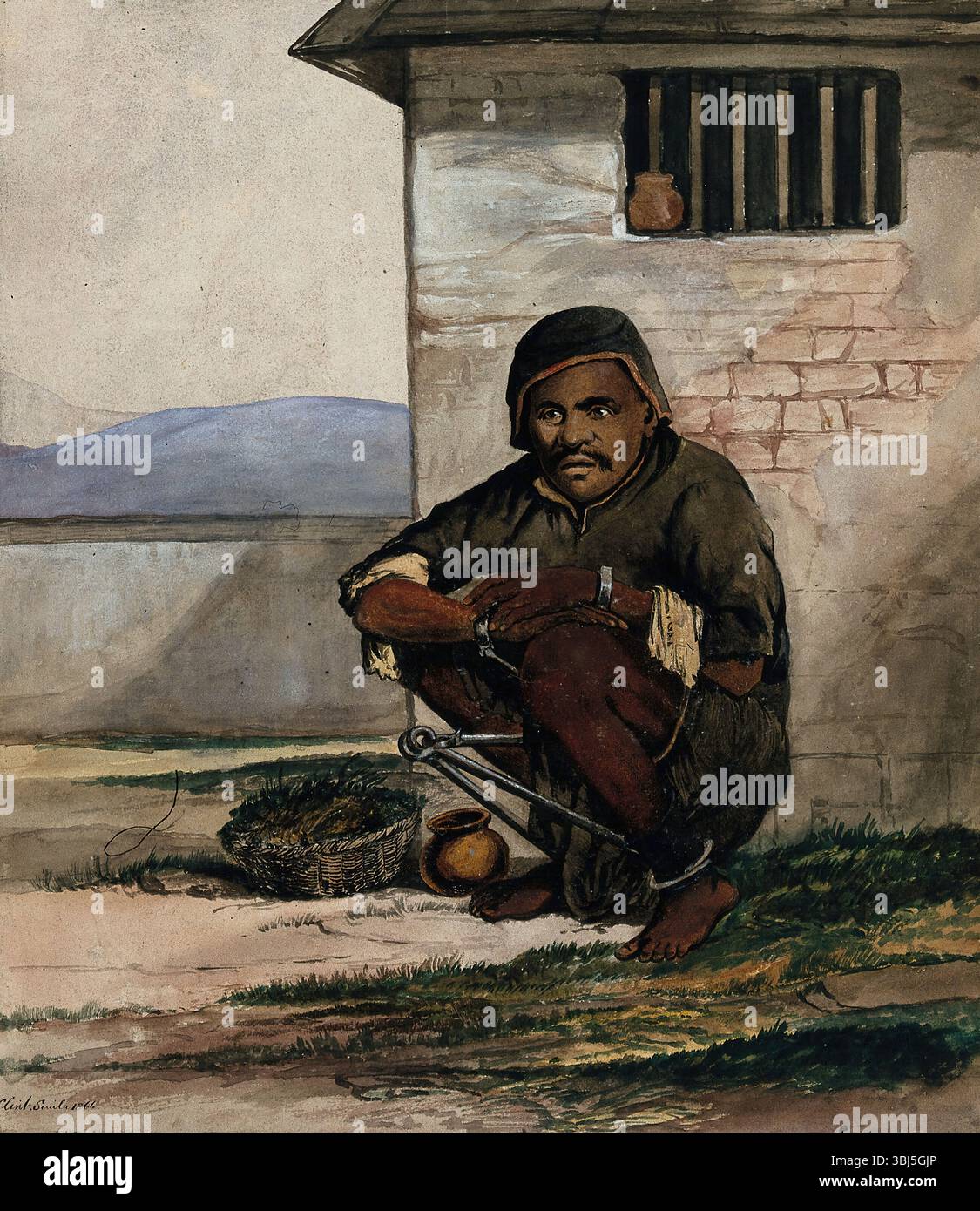 A man of Simla, squatting in a prison with manacles around his ankles ...