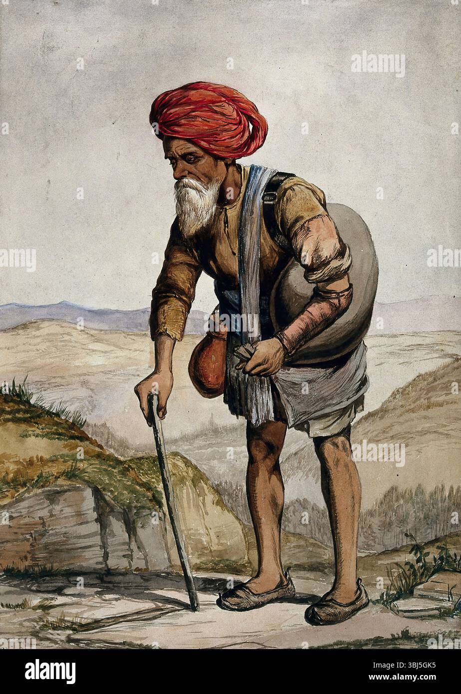 An old man of Simla, holding a stick, standing with a sack on his ...
