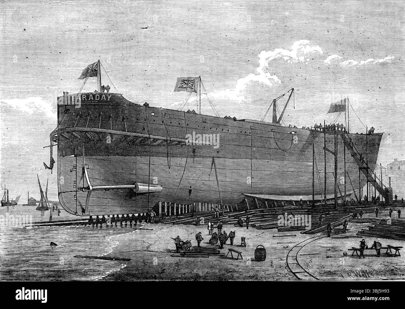 Launch of the Faraday, telegraph cable ship, 1874. 'A large iron steam ...