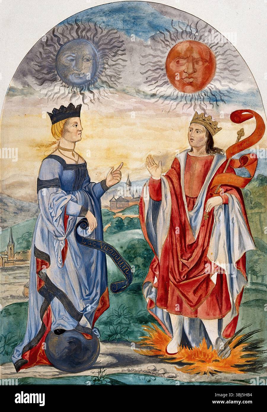 A moon above a queen dressed in blue, and a sun above a king dressed in ...