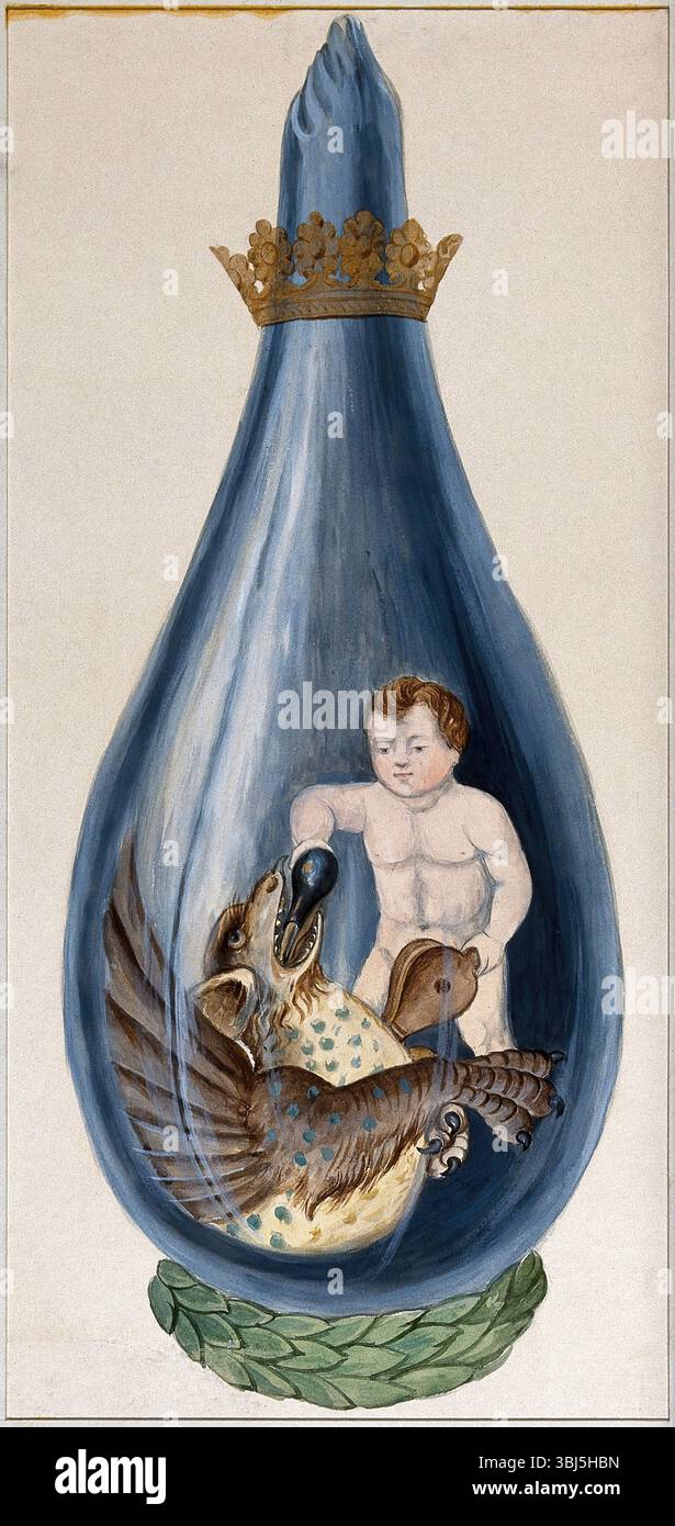 A putto pours a phial into a dragon's mouth, pumping a bellows with his ...
