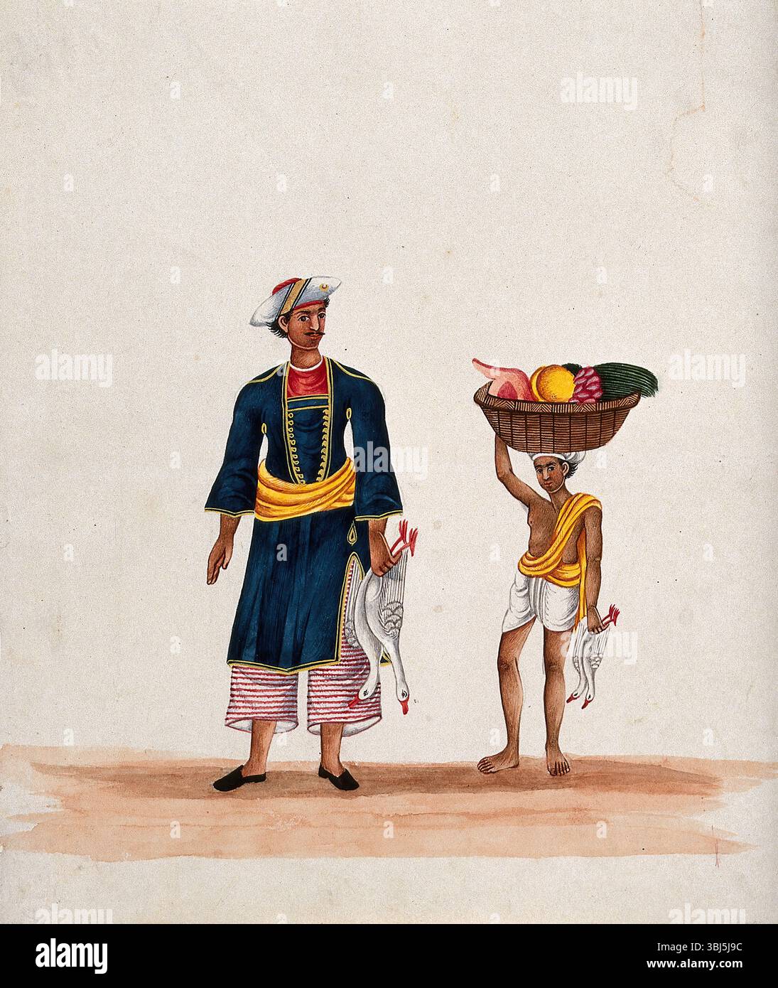 A man carrying two ducks followed by a servant carrying a basket of ...