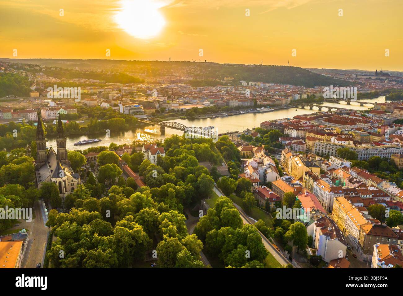 Aerial photograph of a sunset over Prague, Czech Republic, casting ...