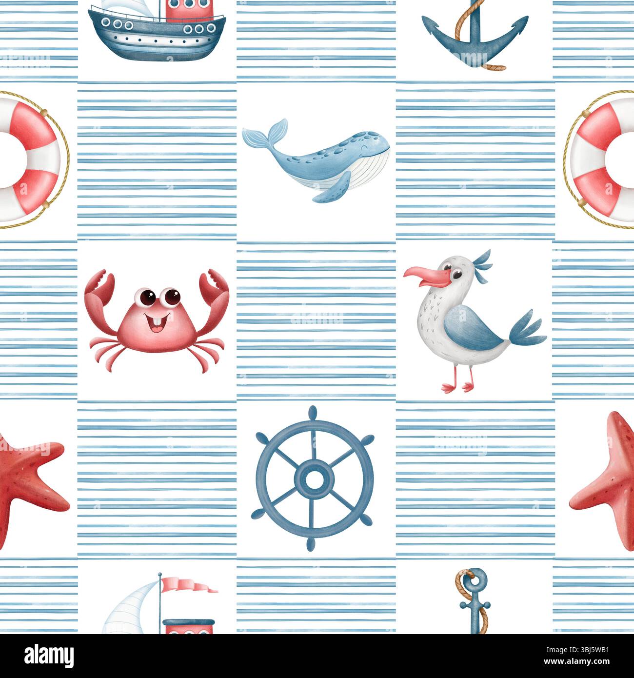 Seamless watercolor sea pattern with boats, whales, anchors, lifebuoys ...