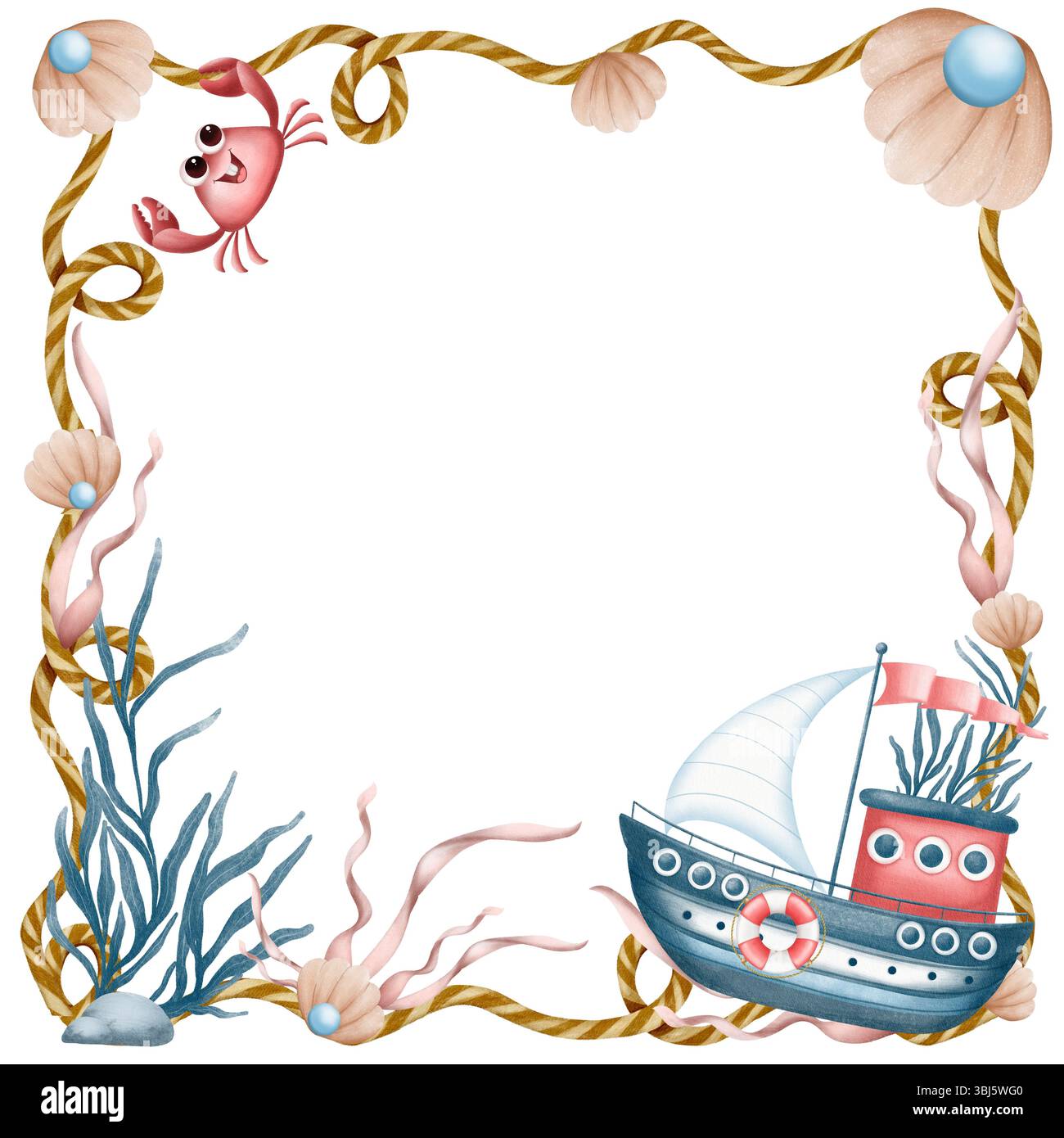 Watercolor nautical frame with a smiling crab, rope border, seashells ...