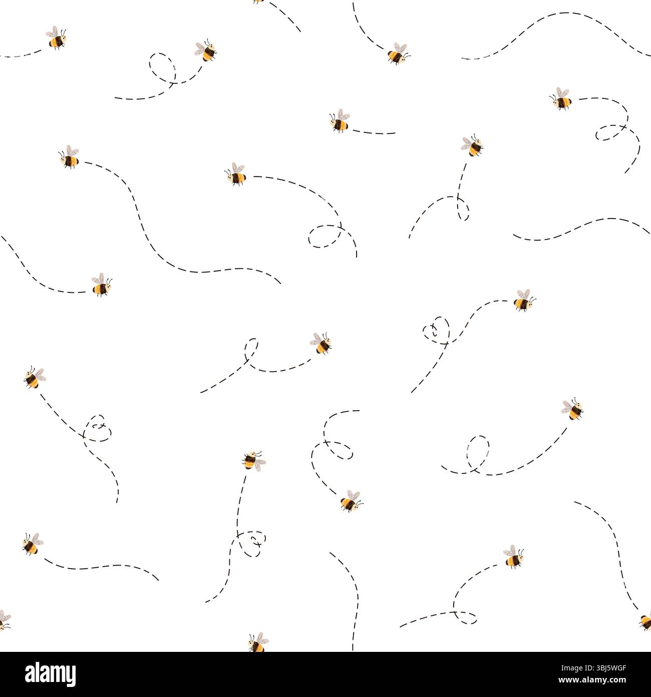 Seamless pattern with cute bees and dotted flight paths. Hand-drawn ...