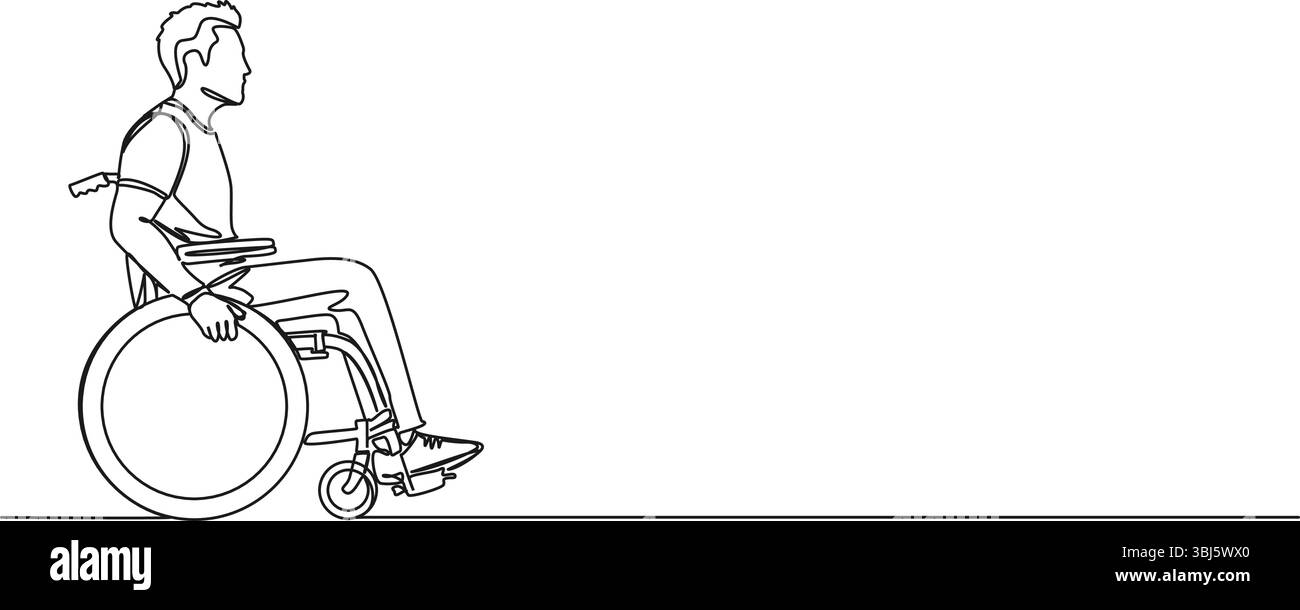 continuous single line drawing of man in wheelchair, line art vector ...