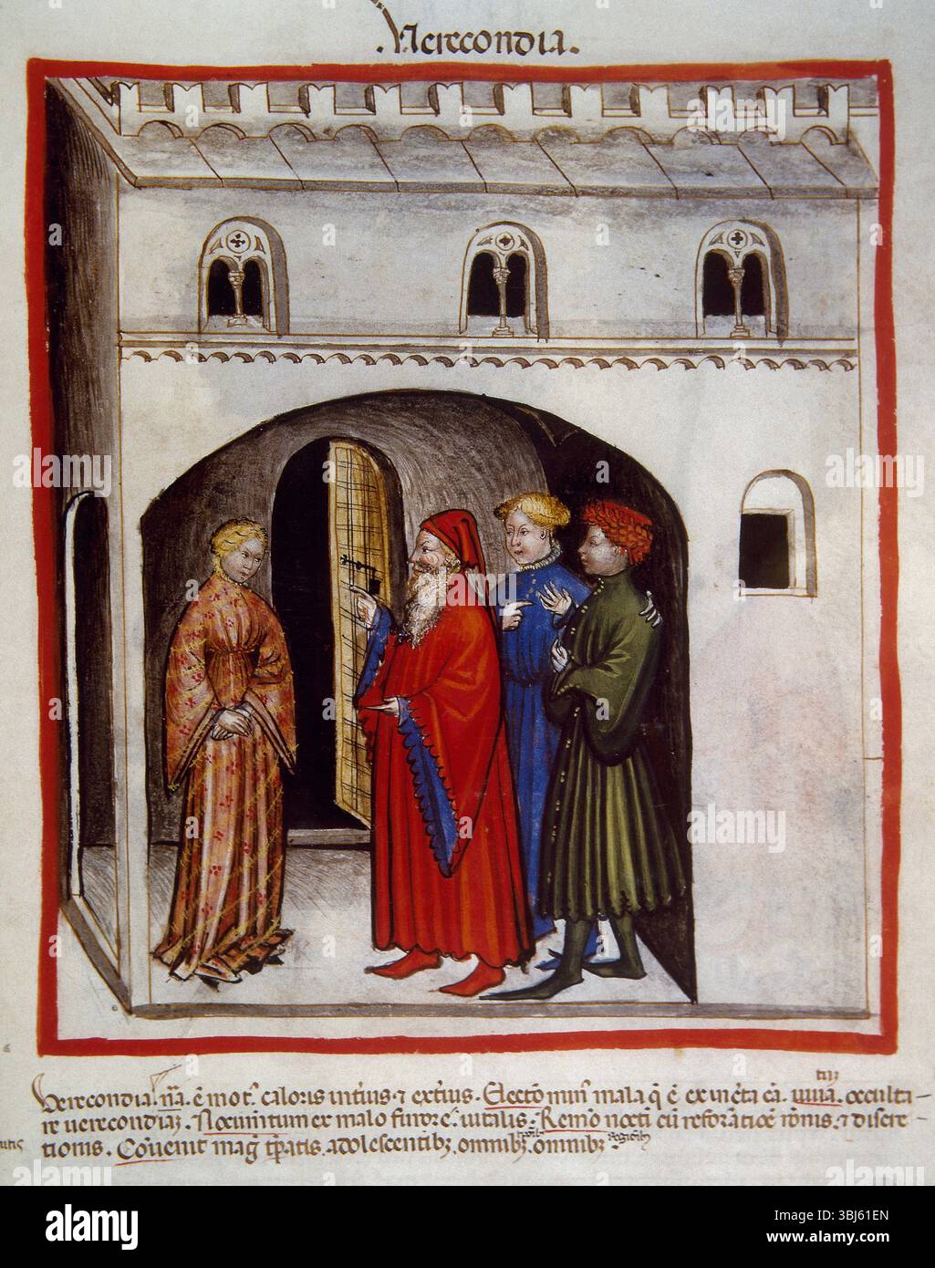 Woman embarrassed before a group of men, 14th century. From Tacuinum ...
