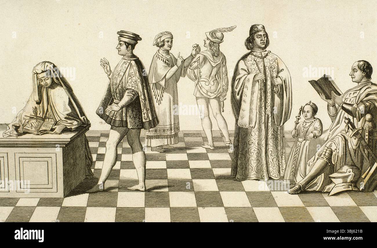 Italian costume of the 15th century, (19th century). Left to right ...