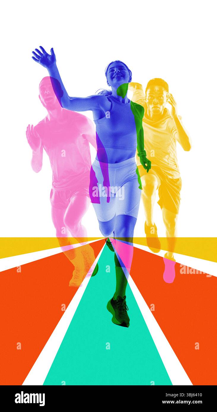Contemporary art collage. Central female runner reaches forward in ...