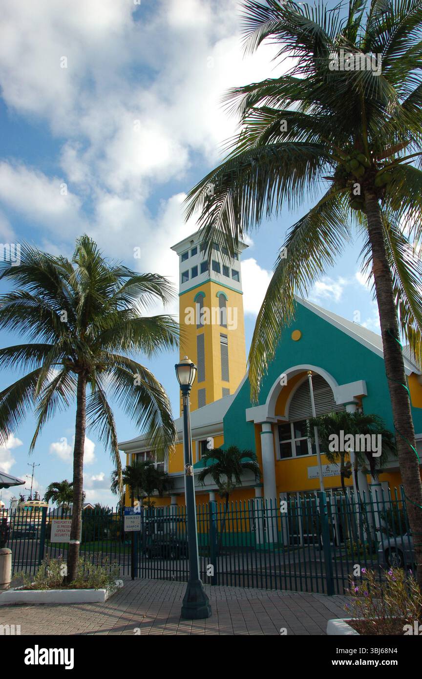 Tall yellow and white clock tower with louvered windows, framed by palm ...