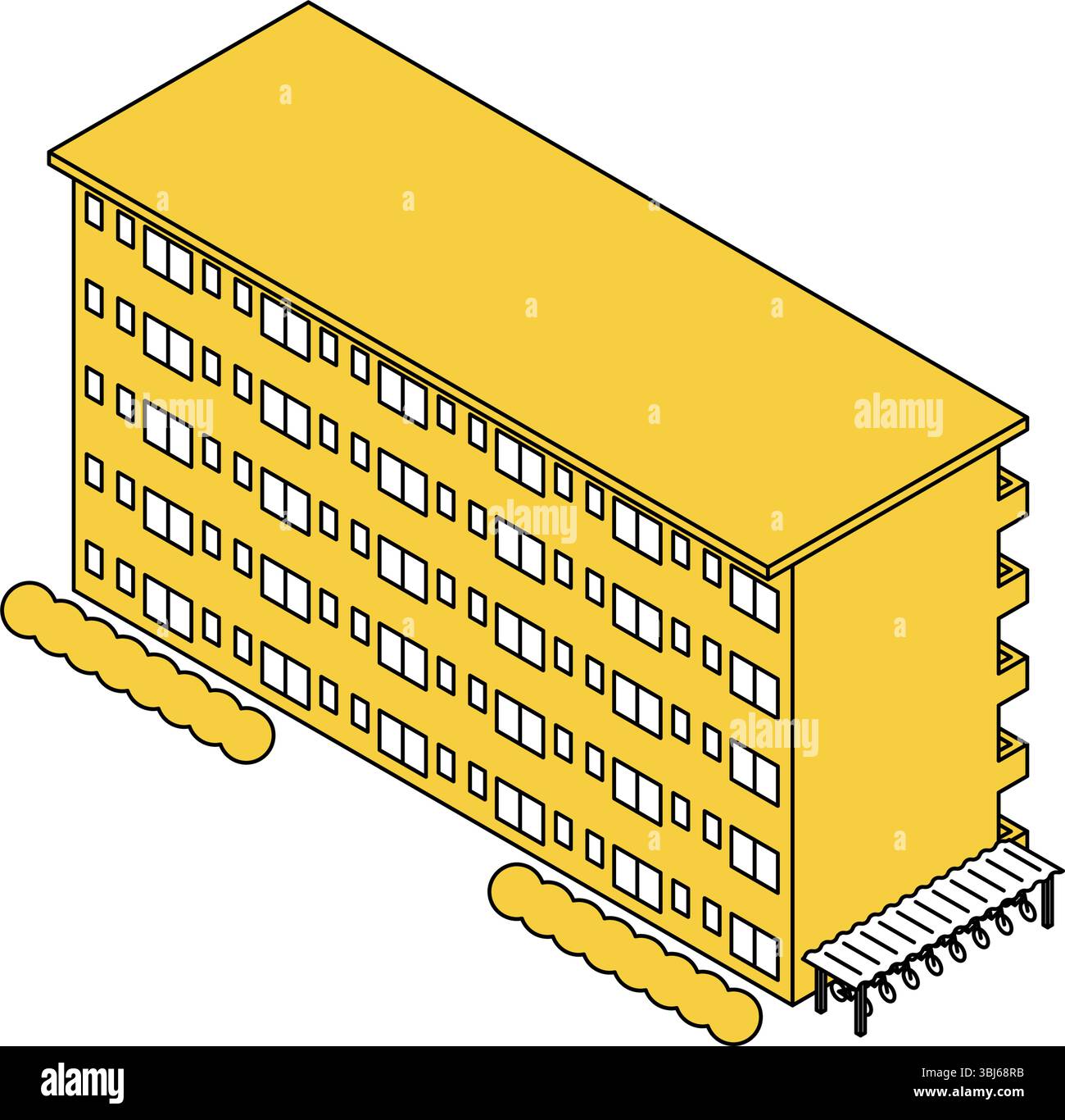 Isometric line drawing of an old five-story Japanese public housing ...