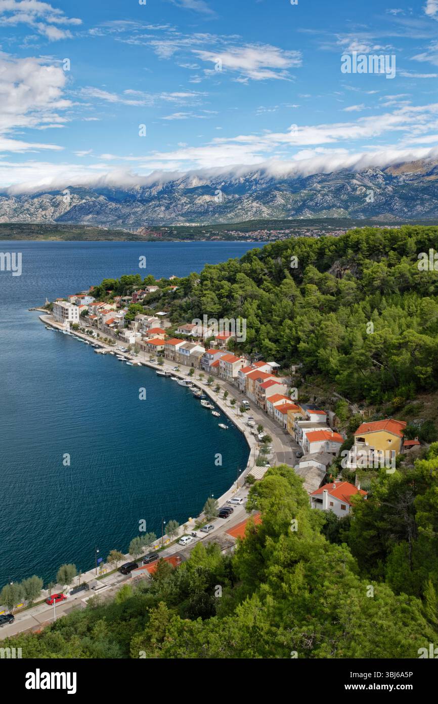 Overview of Novigrad village and Sea with the Velebit mountain range in ...