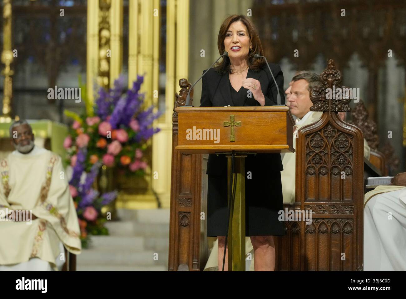 NY Gov. Kathy Hochul speaks during the funeral for former Rep. Charles ...