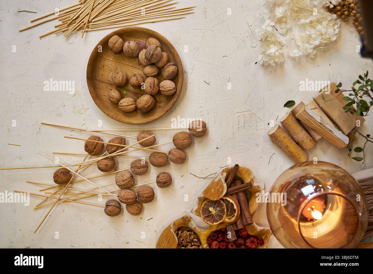 Flat lay composition showing natural materials for making a dried ...