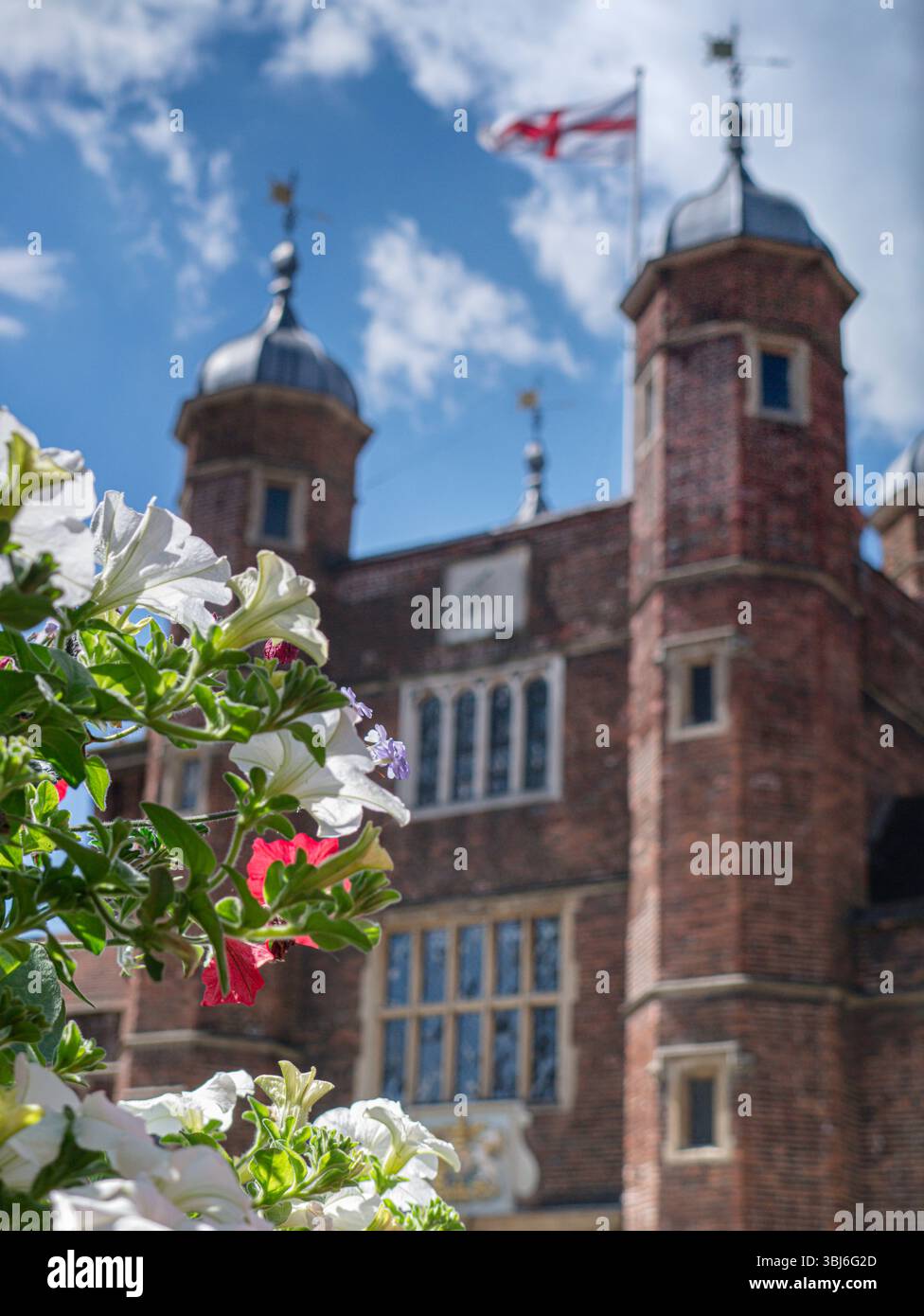 GUILDFORD Historic Britain spring flowers in foreground and cross of St ...