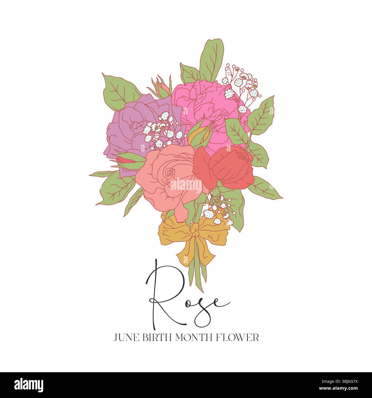 Hand drawn line art retro palette roses bouquet with text june month ...