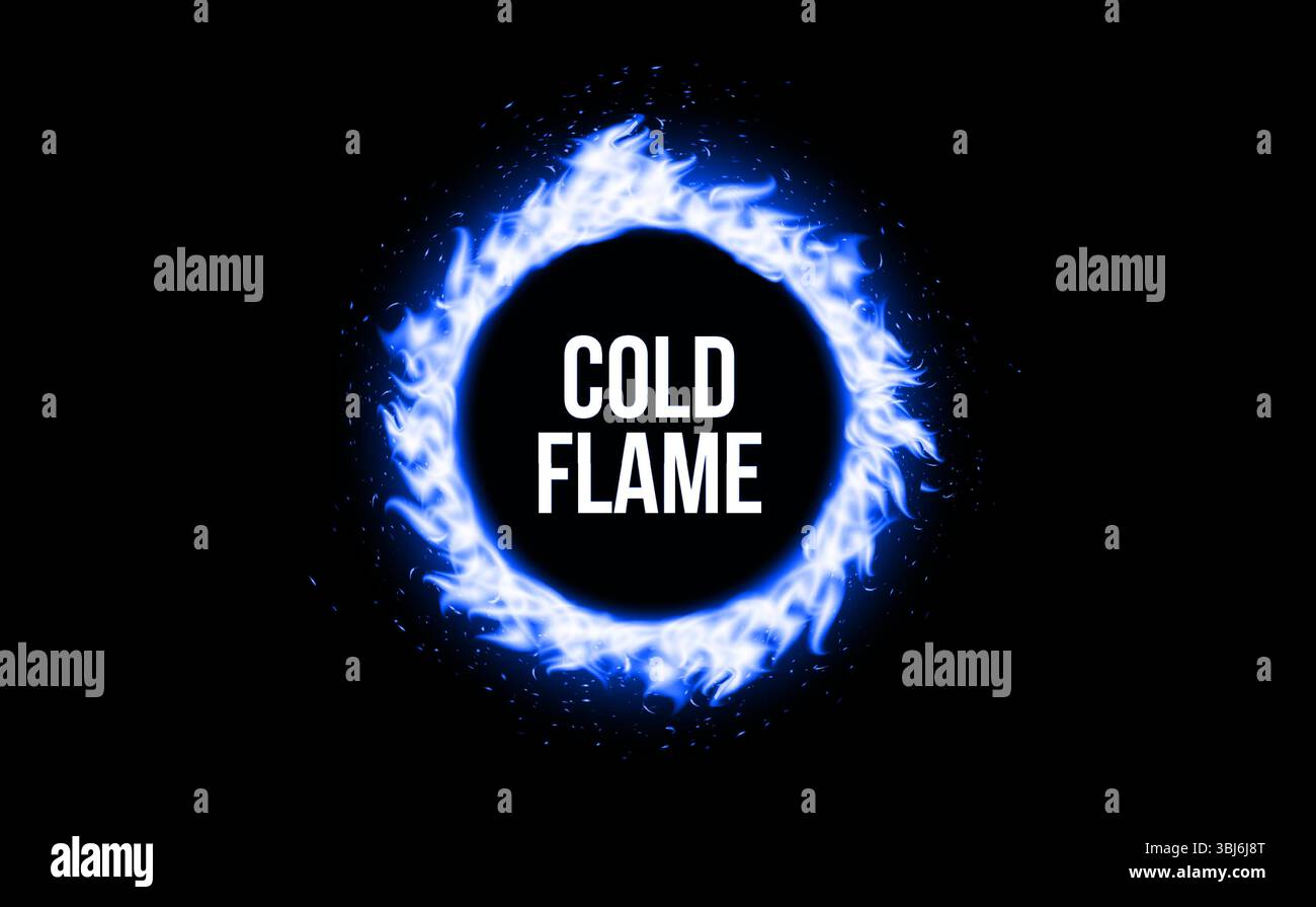 Blue cold flame ring, fiery circle with glowing energy effect on dark background. Futuristic ...