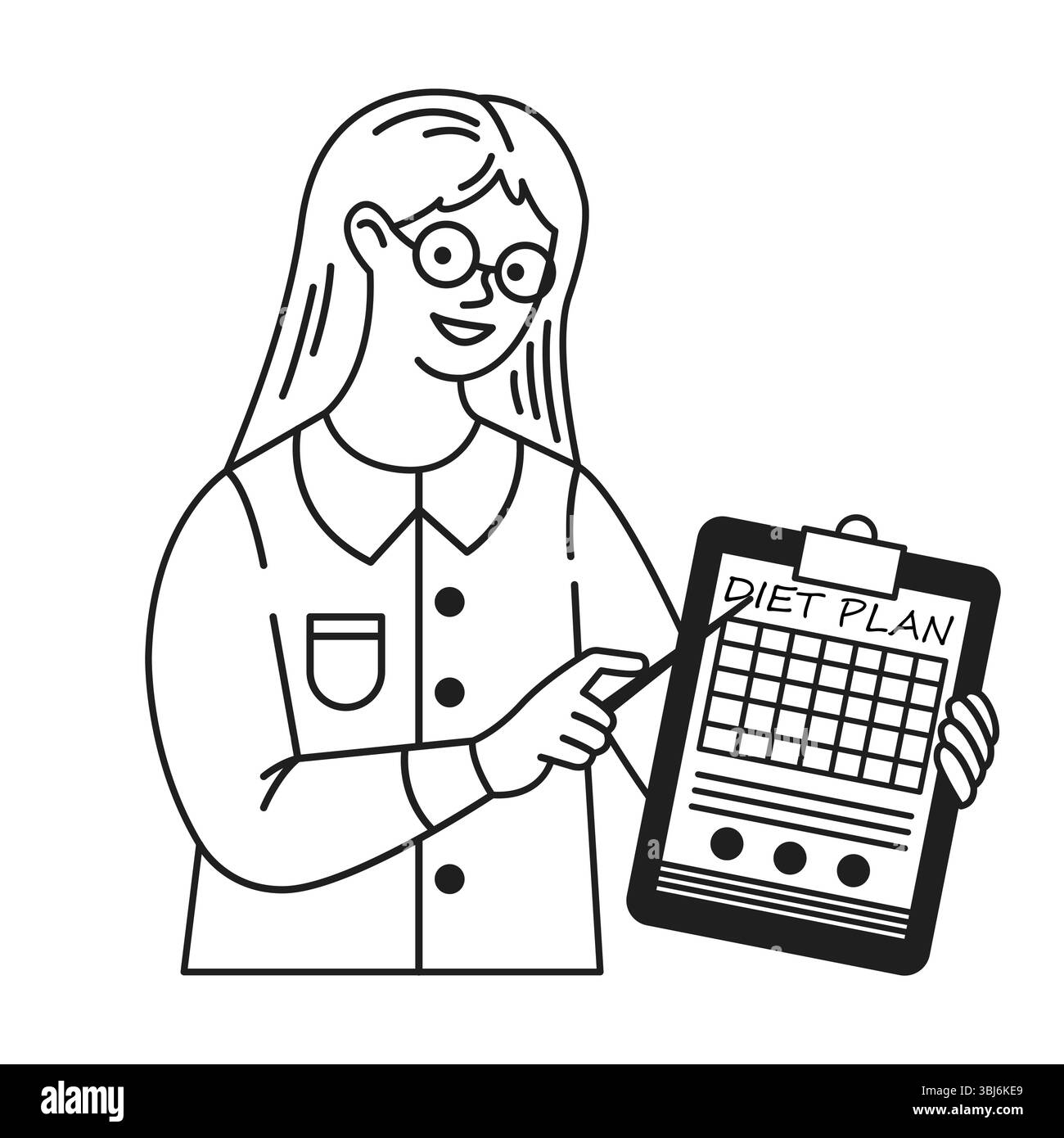 Line art illustration of a nutritionist smiling while showing a ...