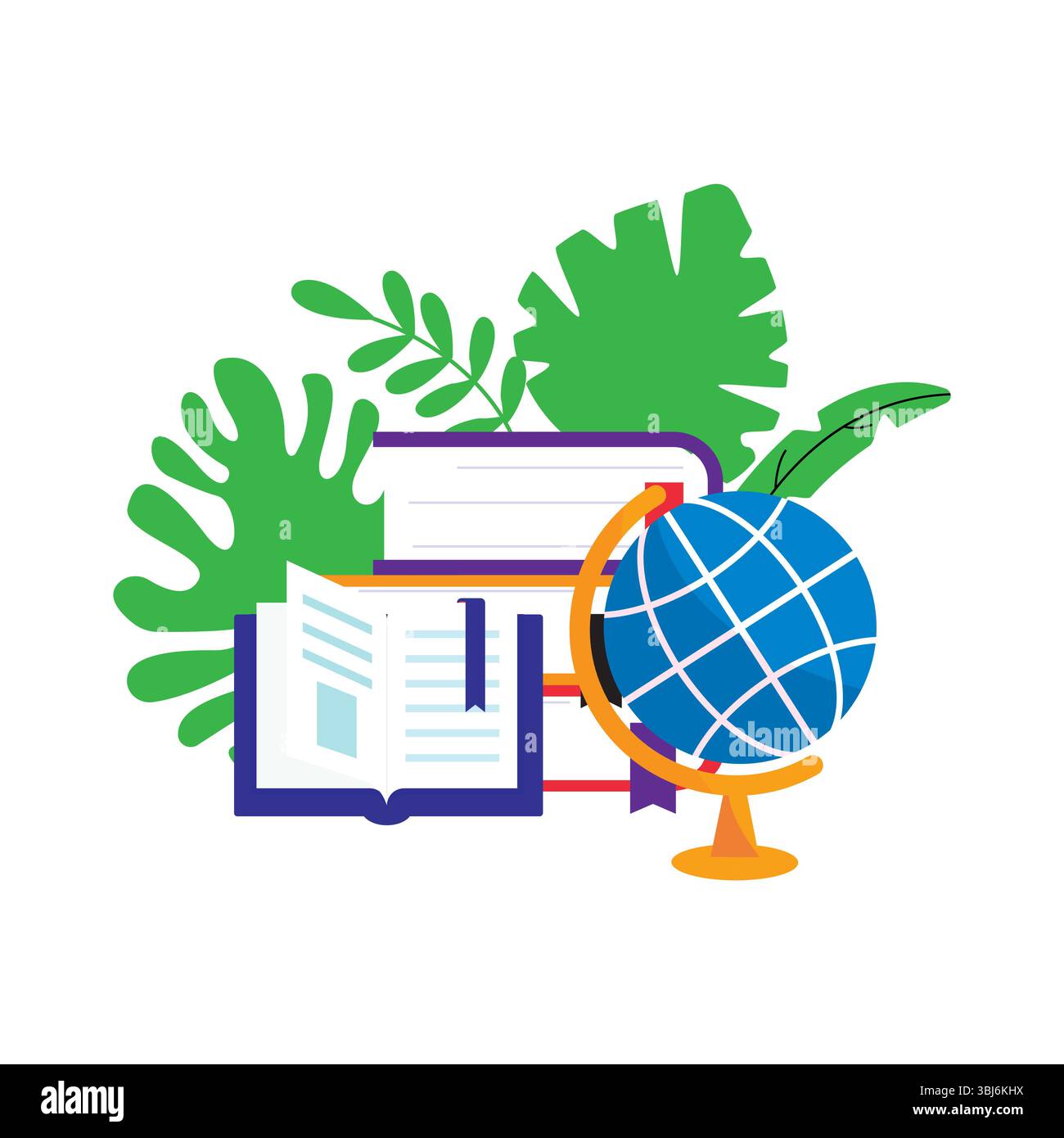 Colorful World Geography Concept with Blue Globe, Books, and Green ...