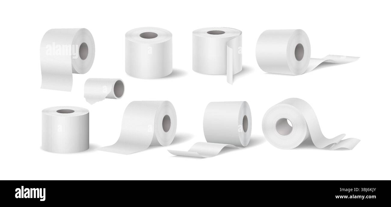 Set of realistic toilet paper rolls in various positions. White, clean ...