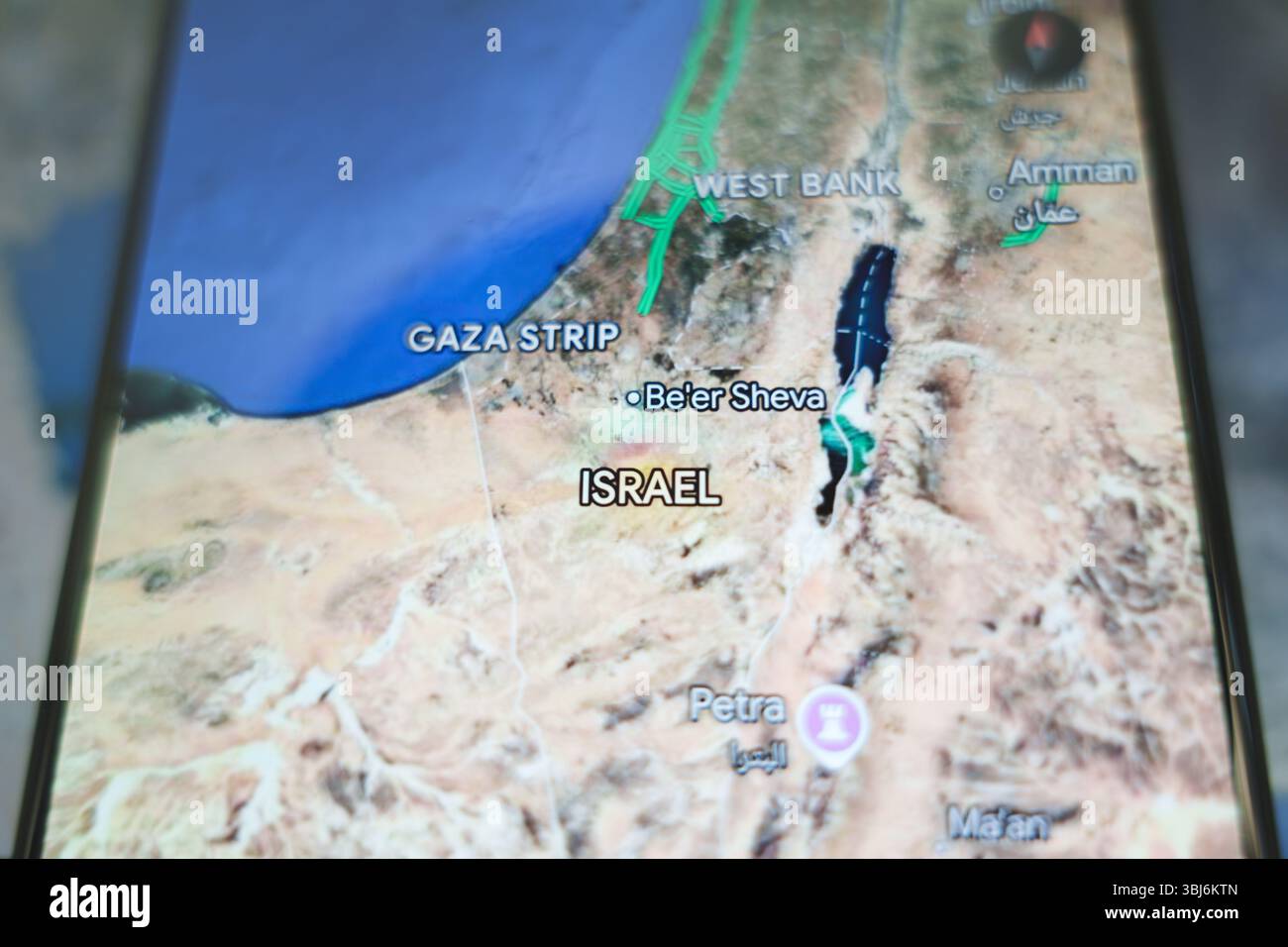 Close-up satellite map of Israel showing Gaza Strip and West Bank ...