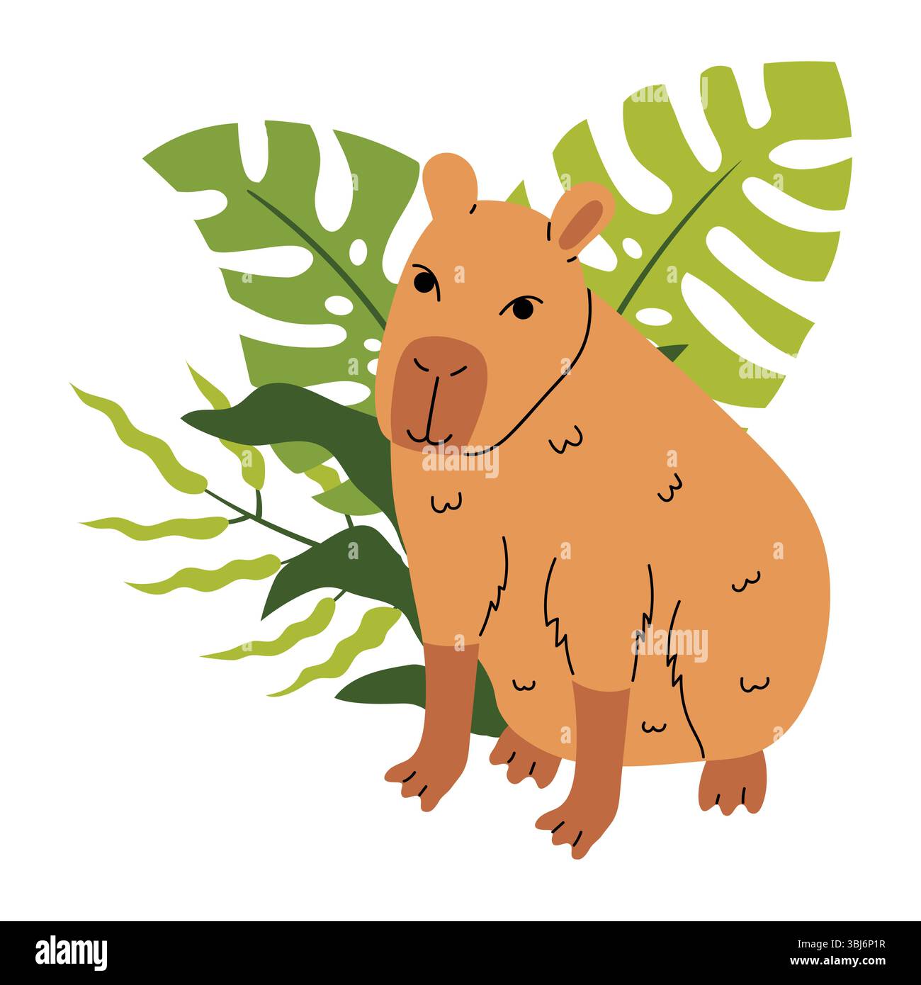 Cute capybara with tropical leaf composition isolated on white in ...