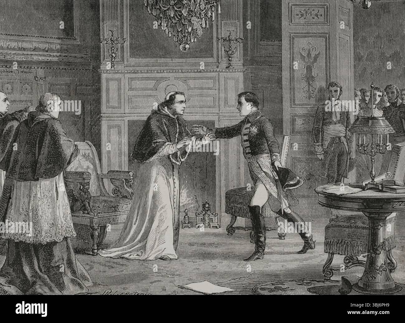 Napoleon visiting Pope Pius VII (1742-1823) at Fontainebleau. Pius VII ...