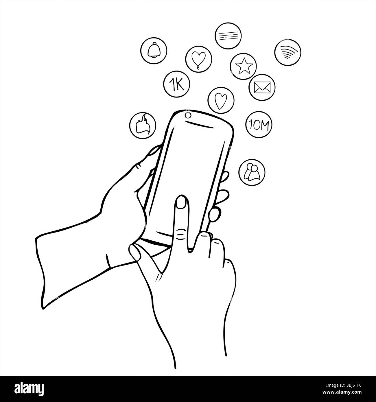 Hand holding smartphone with finger tapping screen black and white ...
