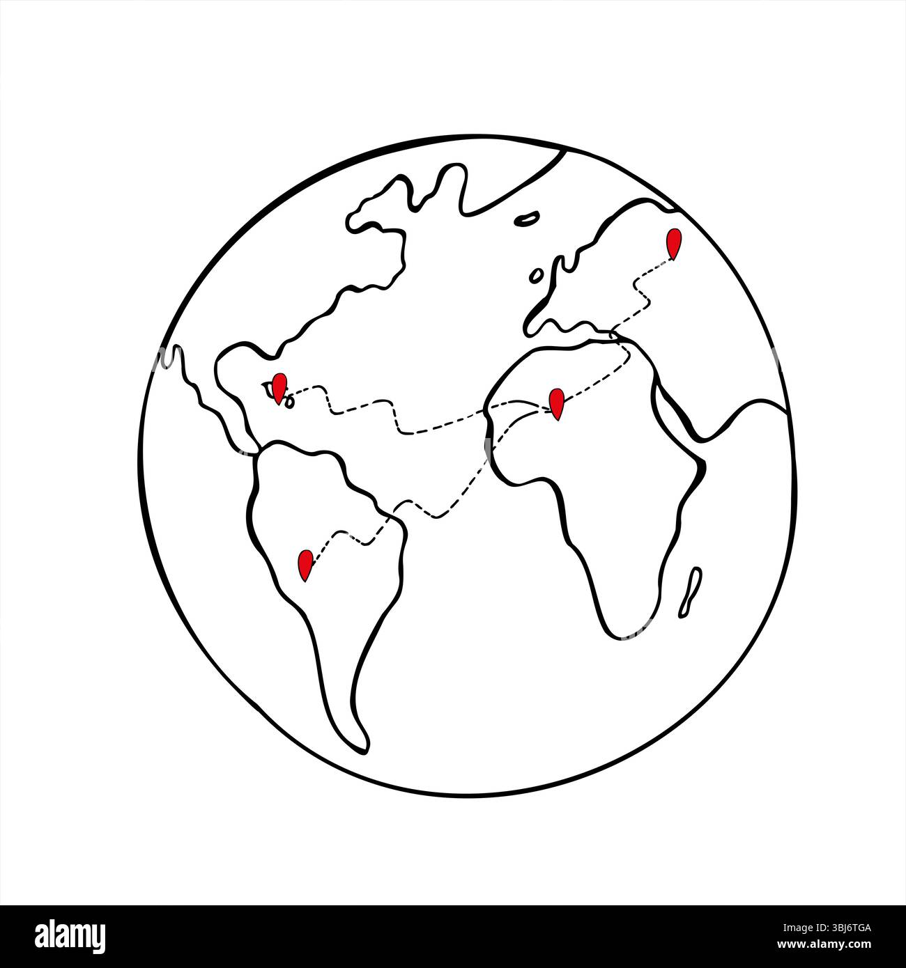 Minimalist vector globe with abstract continents and random red ...
