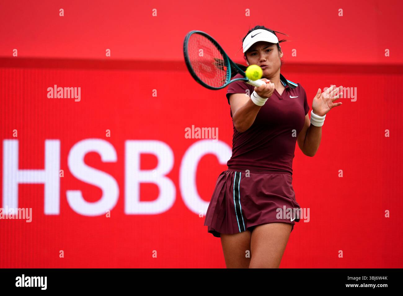 Emma Raducanu in action against Qinwen Zheng on day five of the HSBC Championships at The Queen ...