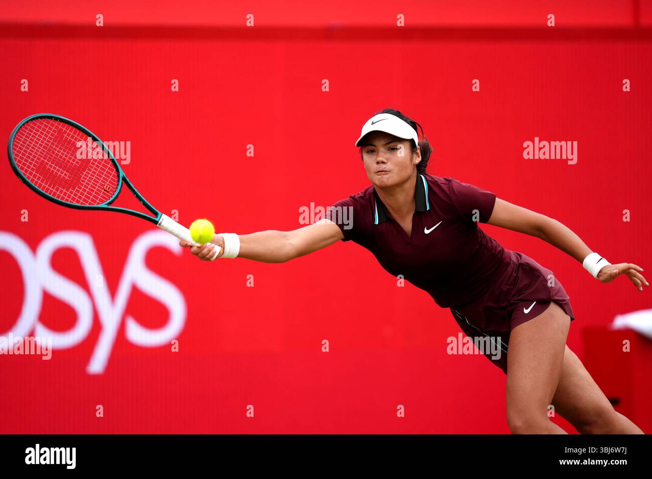 Emma Raducanu in action against Qinwen Zheng on day five of the HSBC Championships at The Queen ...