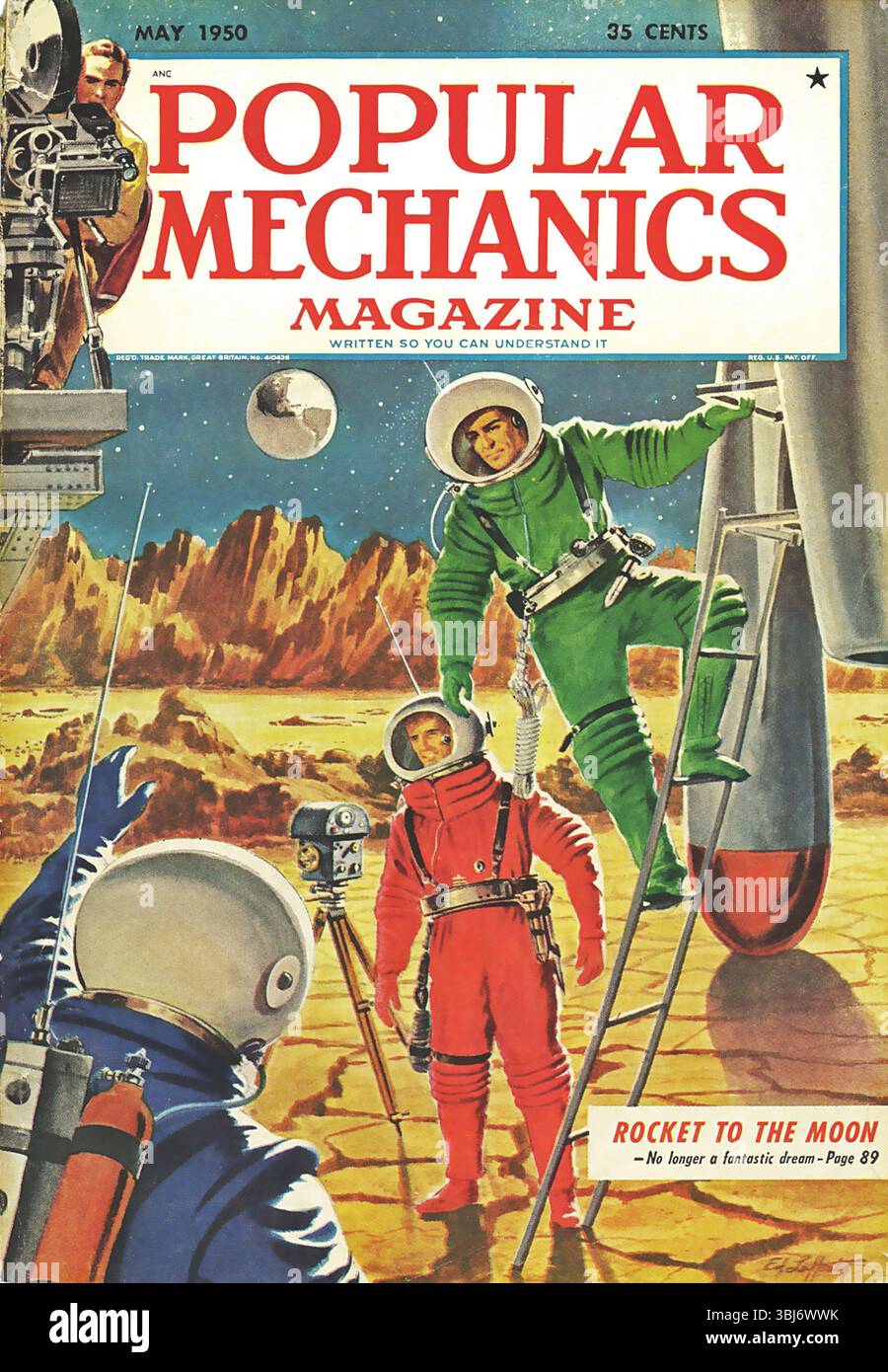 Popular Mechanics magazine, USA. May 1950 cover. Astronauts leaving ...