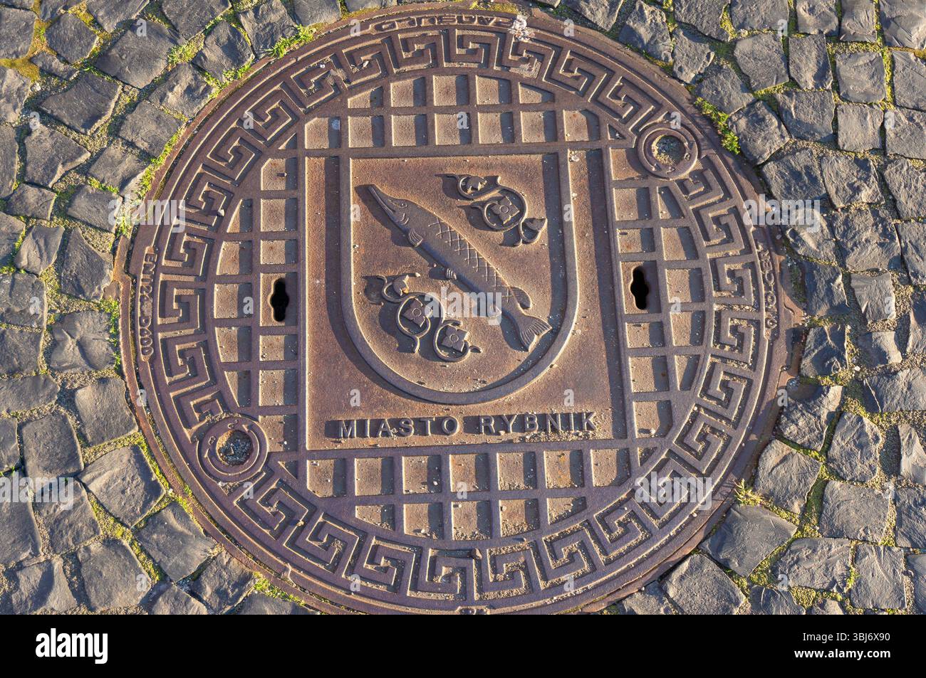 Sewer manhole cover with coat of arms. Fish (pike) on heraldic shield ...