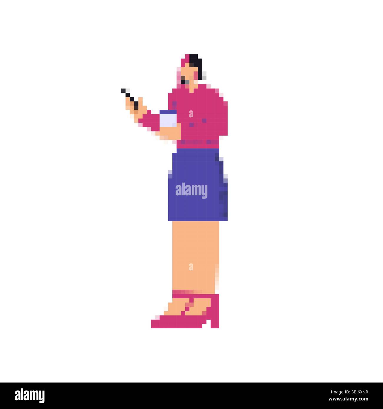 Mosaic pixel art woman in pink and blue outfit holding a smartphone and ...