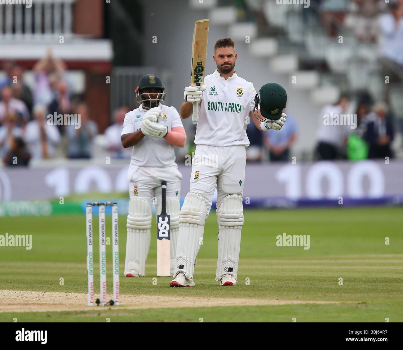 London, England, June 13 2025: Aiden Markram (4 South Africa) raises bat after reaching hundred ...