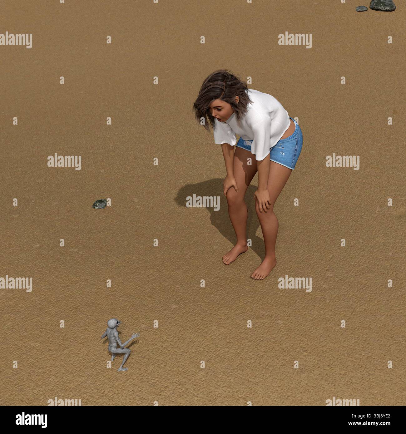 3d illustration of a tiny alien looking up at a surprised woman while standing on a hard sand ...