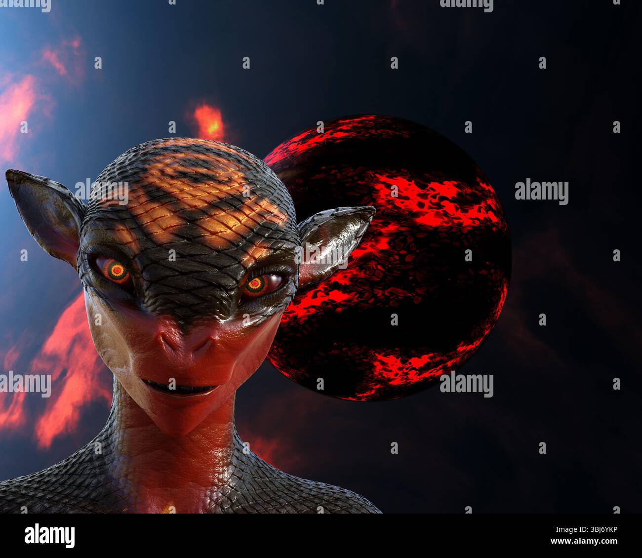 3d illustration of a strange alien with pointed ears and reptilian skin ...