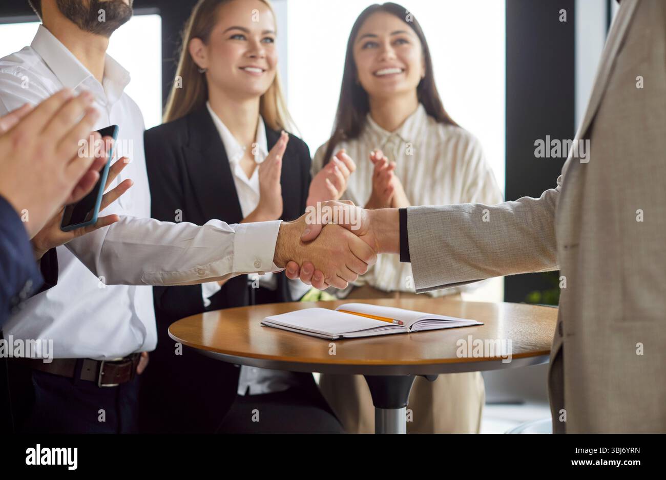 Two business professionals shaking hands while their colleagues ...