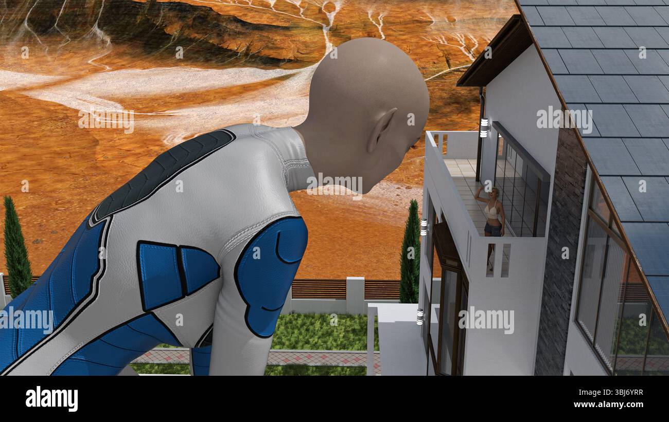 3d illustration of a giant alien leaning over to look at a human woman ...