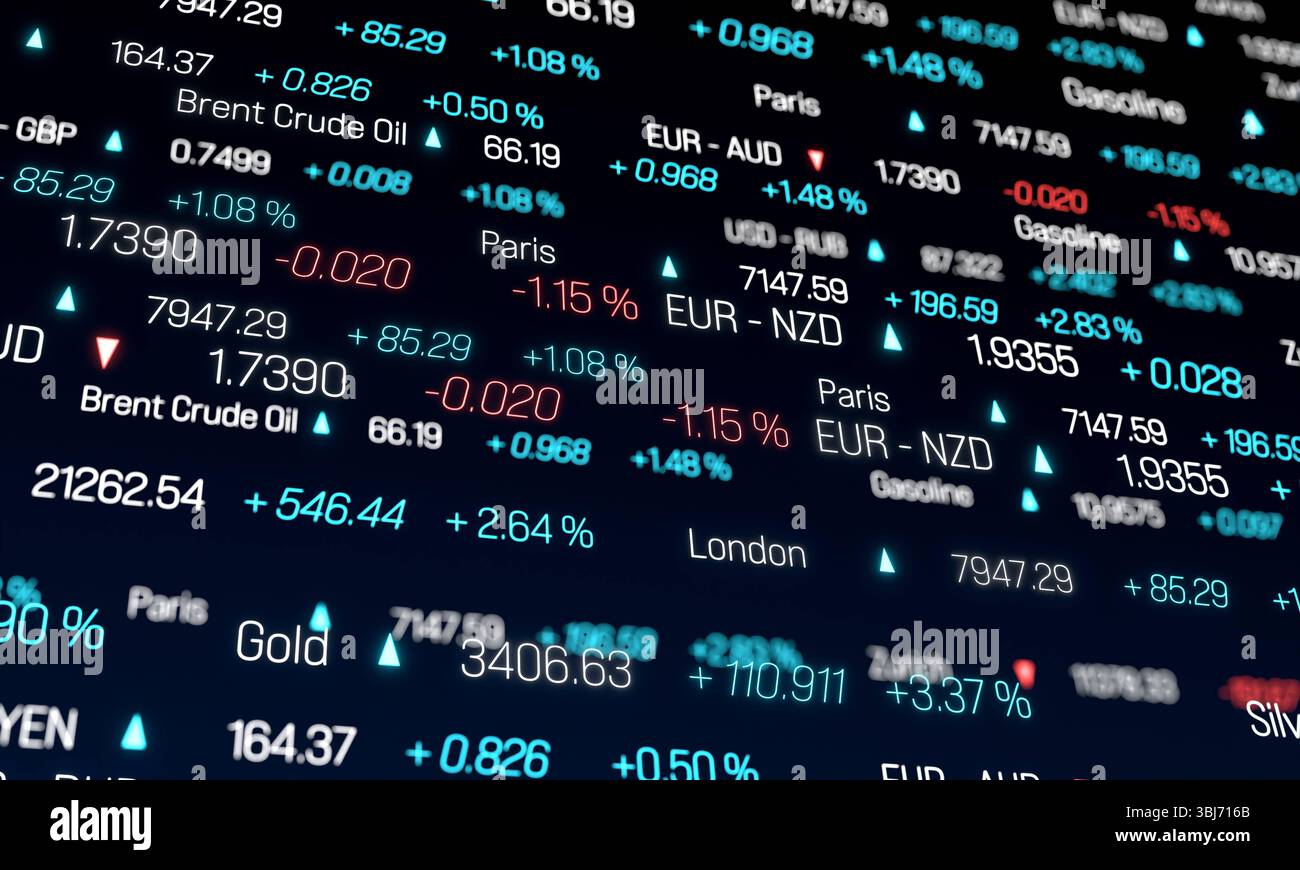 Stock market trading floor, stock index data, currency rates and ...