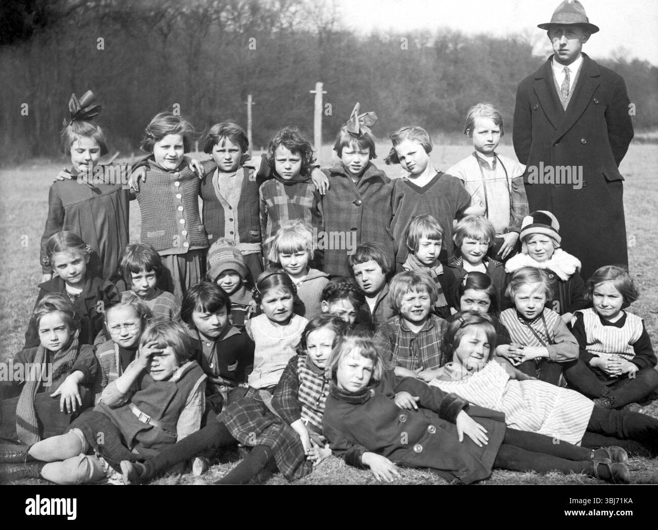 School outing girls class teacher, 1920, group of school children and a ...