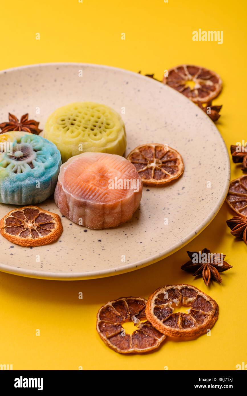 Chinese mooncake is an Asian sweet dessert with a coating of rice dough ...