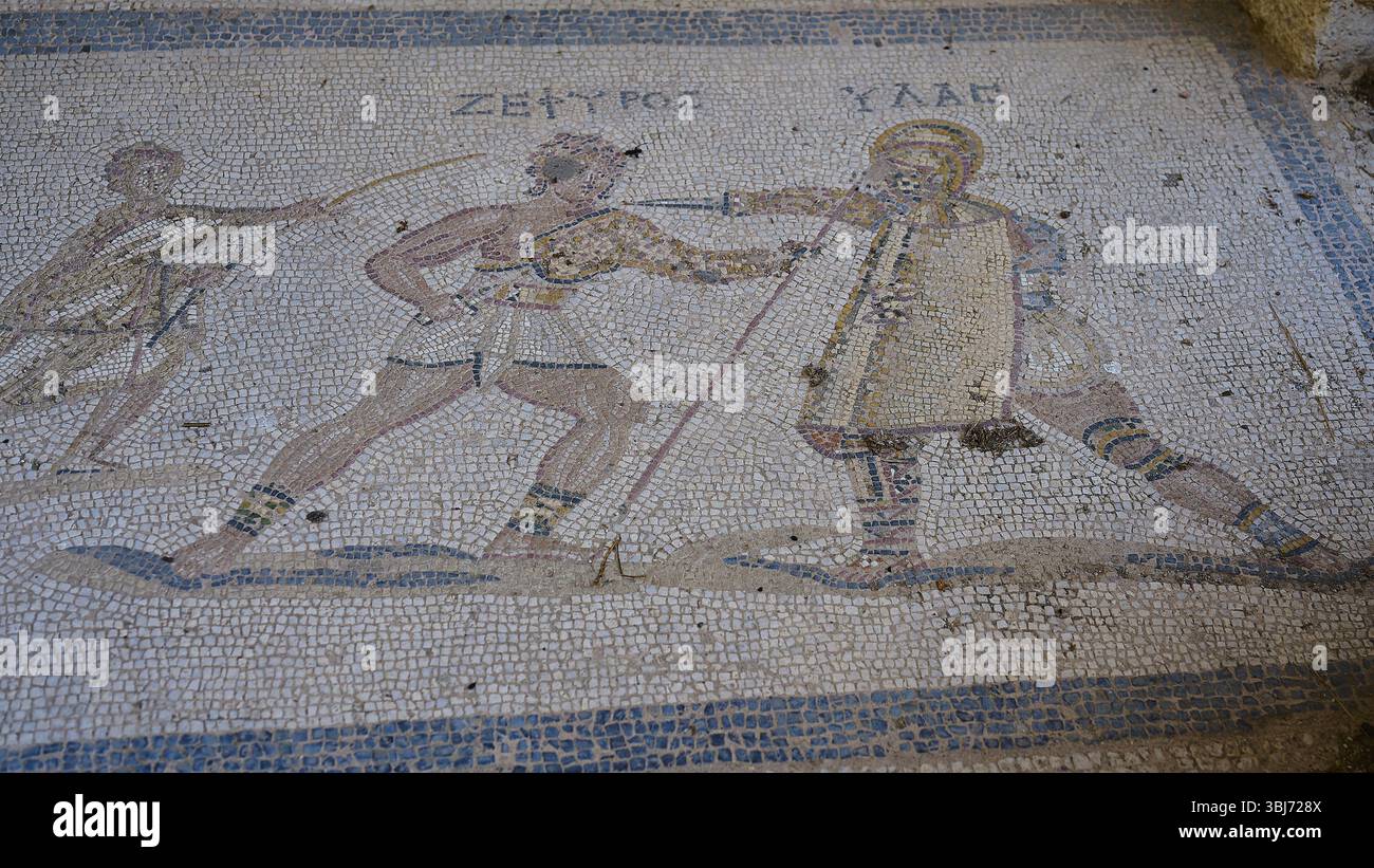 Ancient mosaic with fighting figures, depicting classical dress and ...