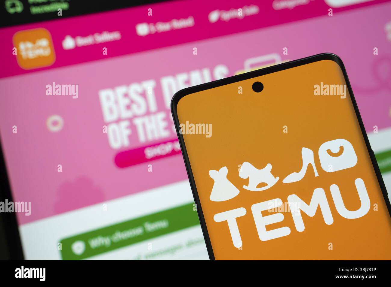 Dhaka, Bangladesh - 18 March 2025: The logo of the Temu is displayed on a smartphone screen, and ...