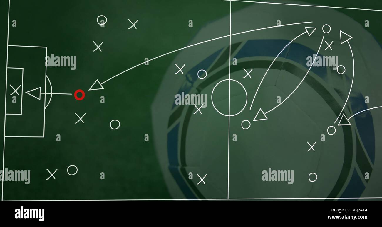 Displaying top-down white soccer pitch layout with arrows, soccer ball ...