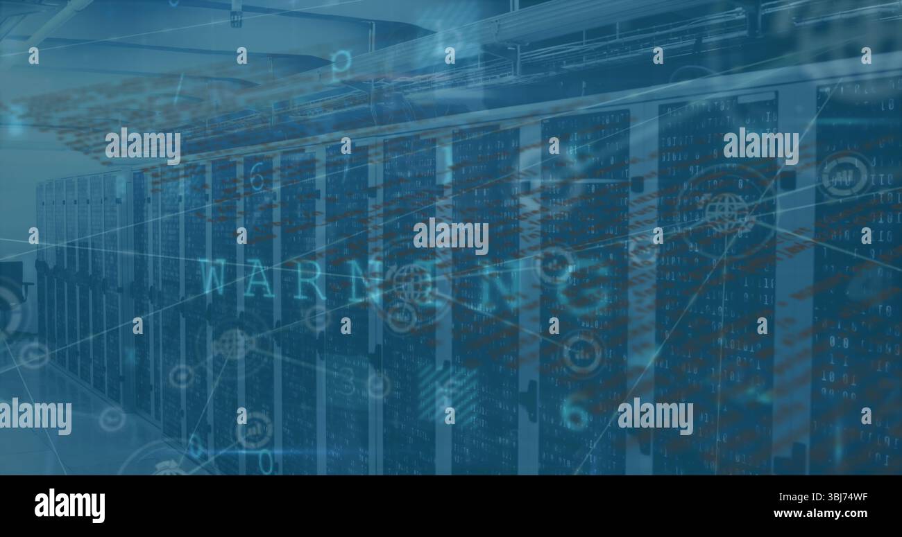 Showing server racks with warning overlay in data center corridor, with floating binary code ...