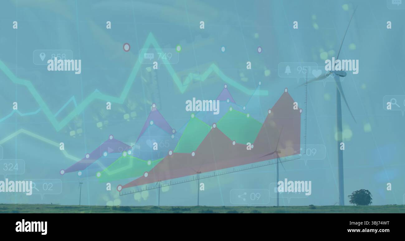 Showing wind turbine spinning on rural grassy plain, with data charts ...